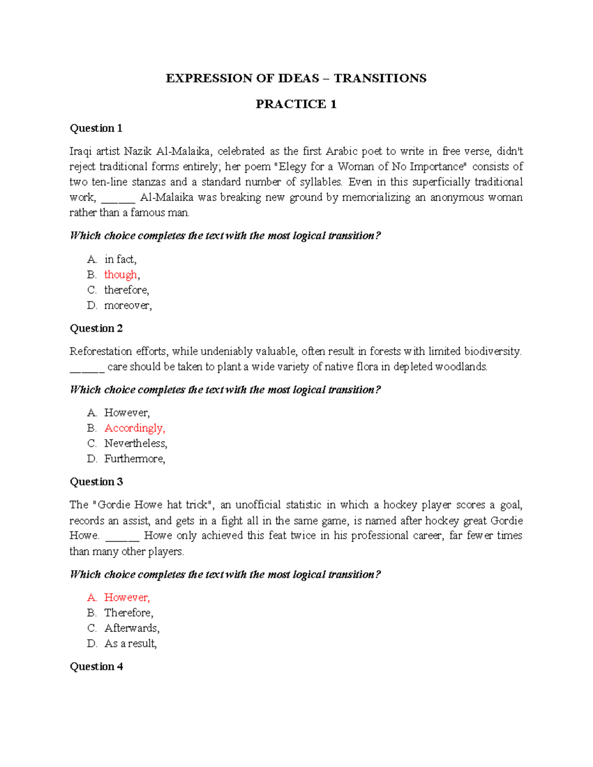 Transition Practice 1 - SAT: Logical Transitions in Text Completion ...