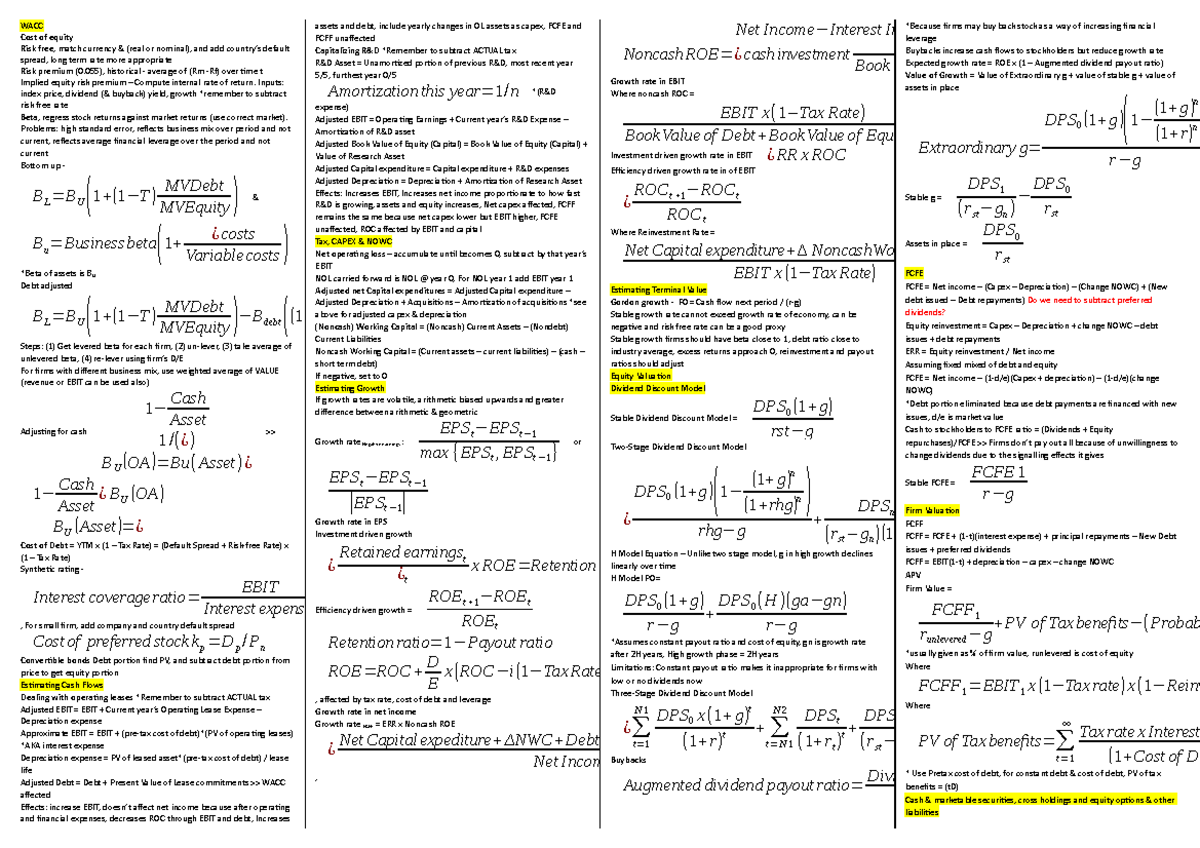 A+ Cheatsheet V5 - WACC Cost of equity Risk free , match currency & (real or nominal), and add ...