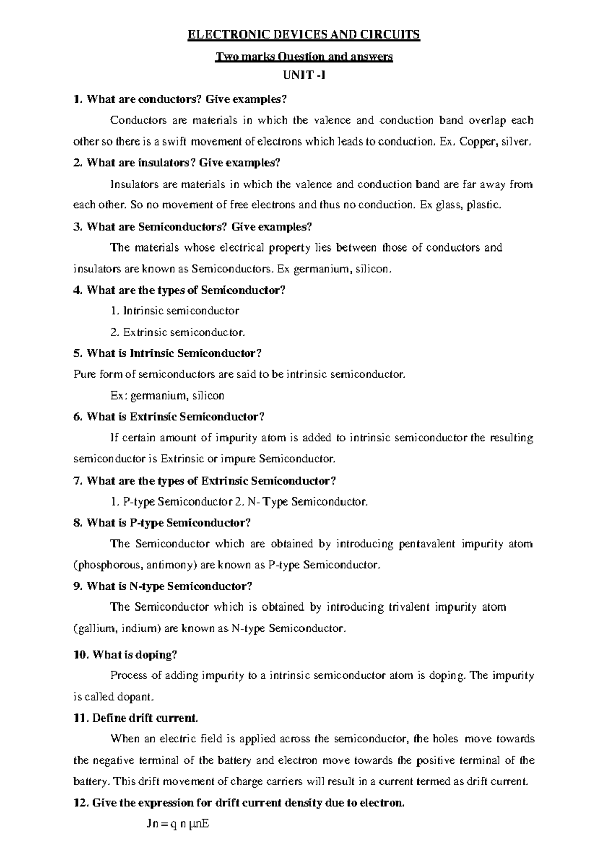 2 Marks Questions and Answers on Electronic Devices & Circuits (EDC 101) - Studocu