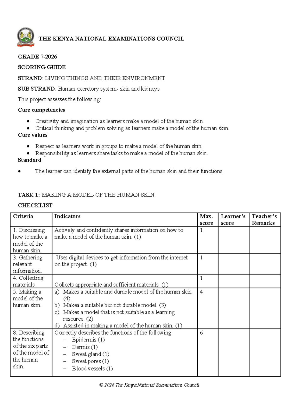 Project Scoring Guide: Human Skin Model - 1777290152 - Studocu