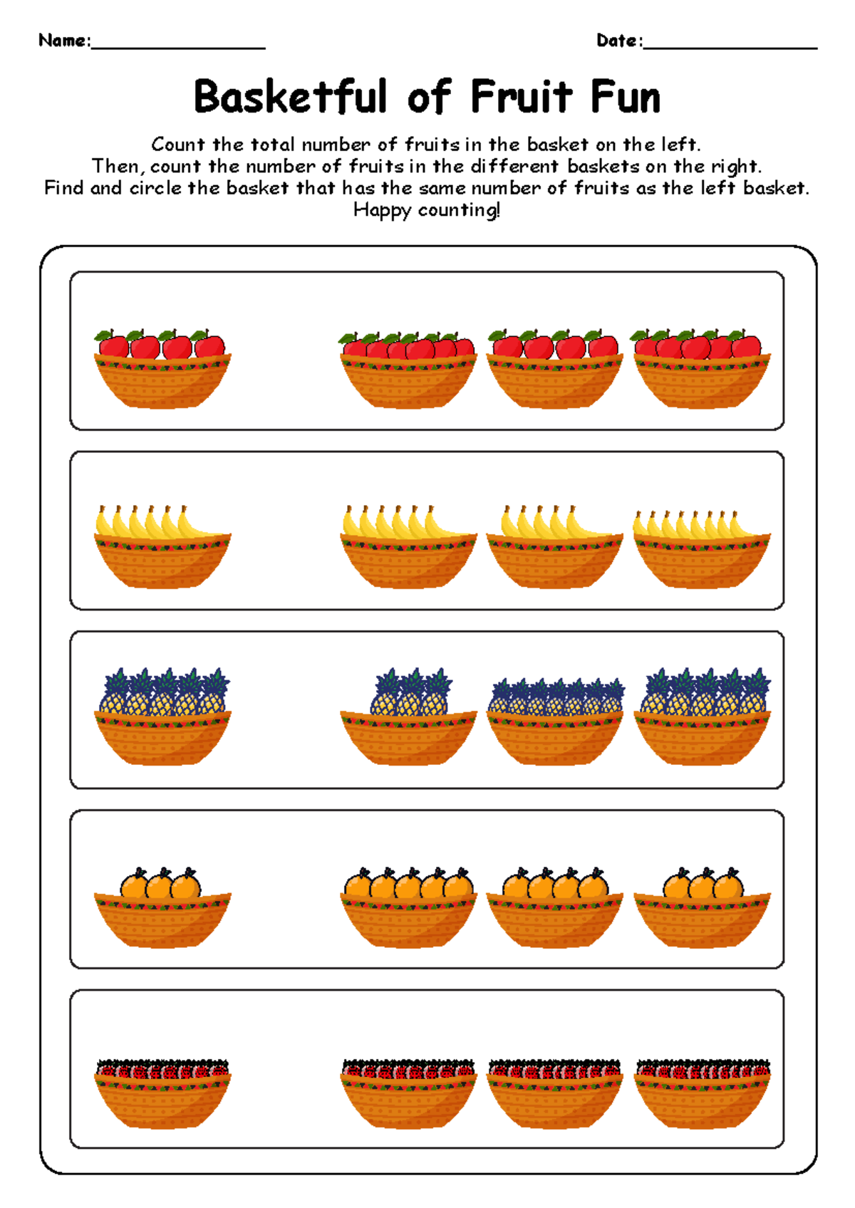 Basketful of Fruit Fun - Number Matching Worksheet - Count the total ...