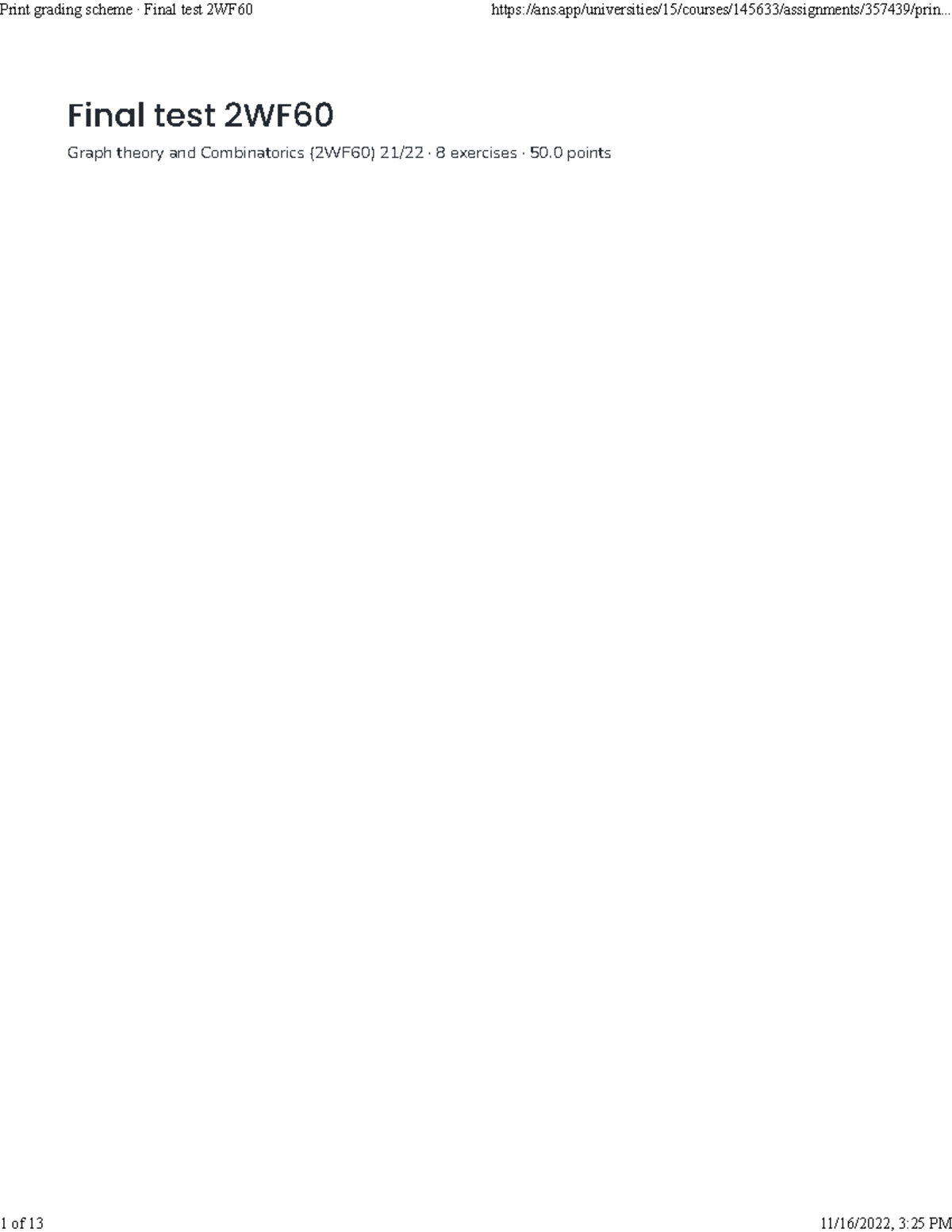 Exam Solutions for Graph Theory and Combinatorics (2WF60) - Studeersnel