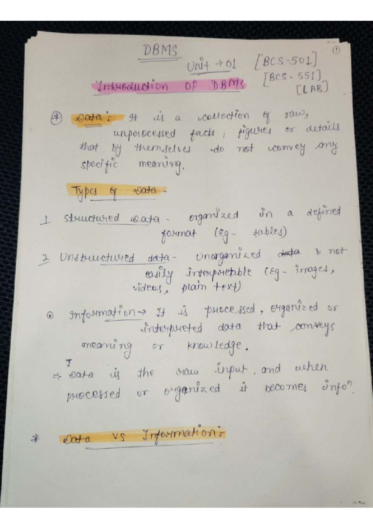 DBMS 1 Unit 01 Lecture Notes: Introduction to Database Management ...