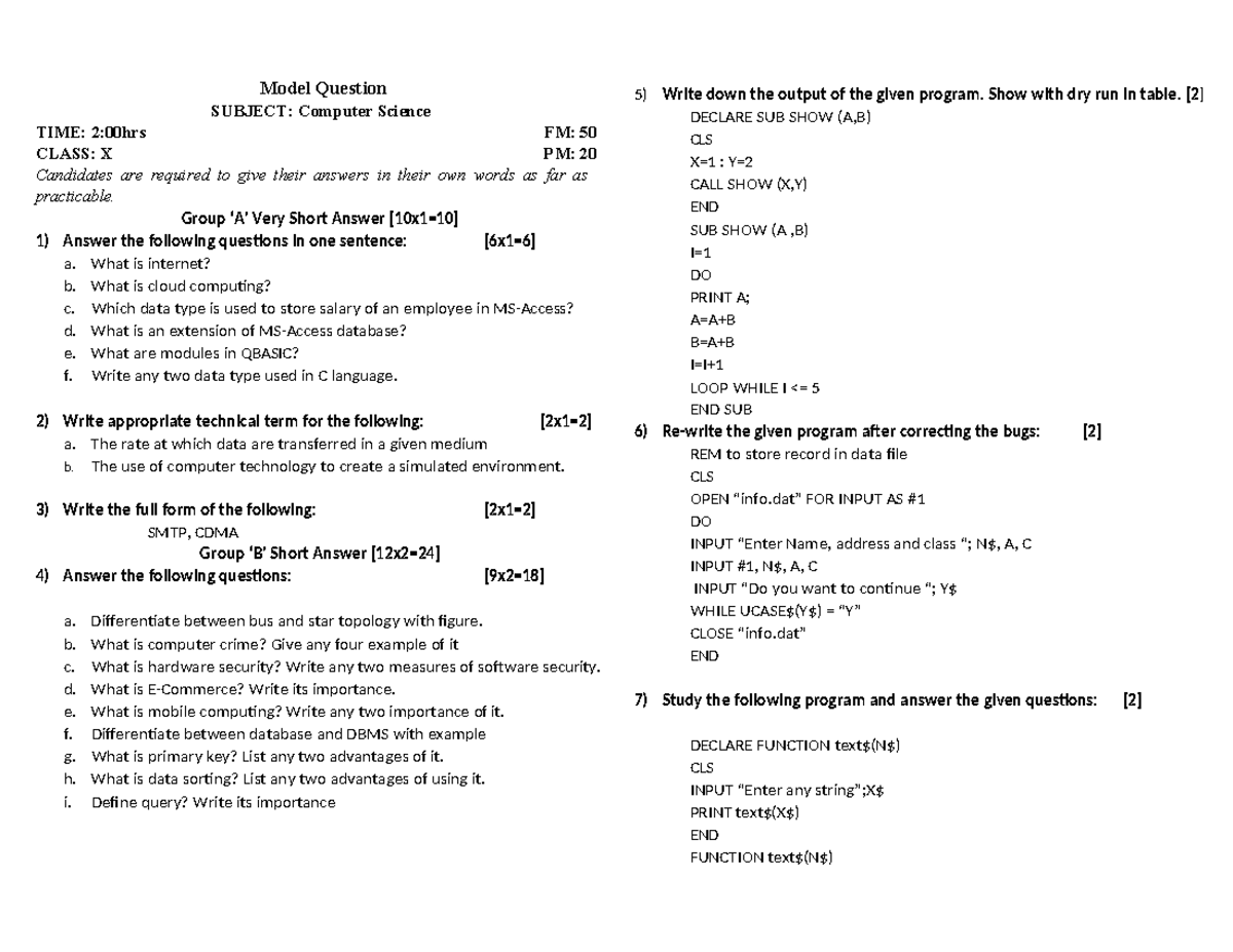 SEE Class 10 Computer - Model Question SUBJECT: Computer Science TIME ...