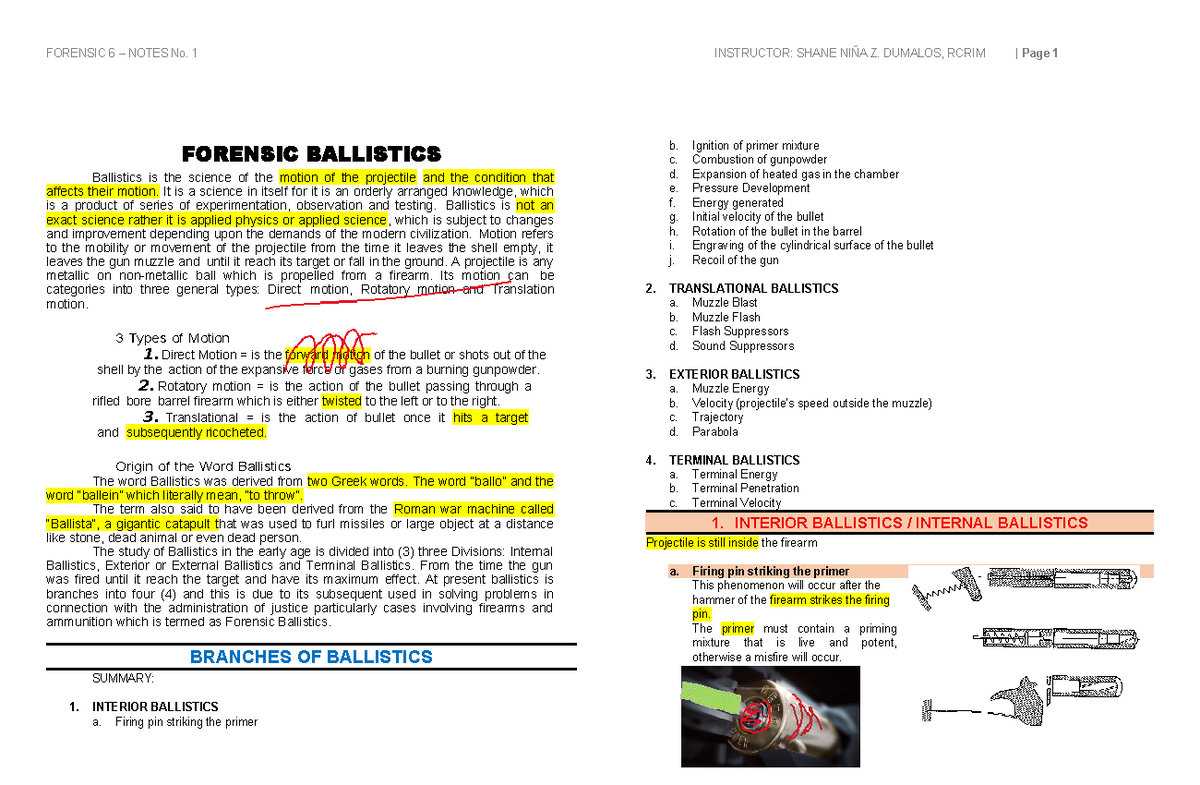 Forensic 6 - Ballistics Notes by Shane Niña Z. Dumalos - Studocu