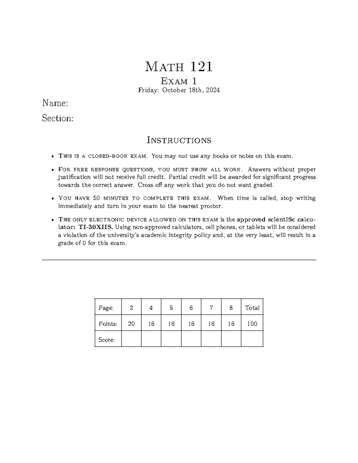 Math 121 2024 Exam 1 - Math 121 Exam 1 Friday: October 18th, 2024 Name ...