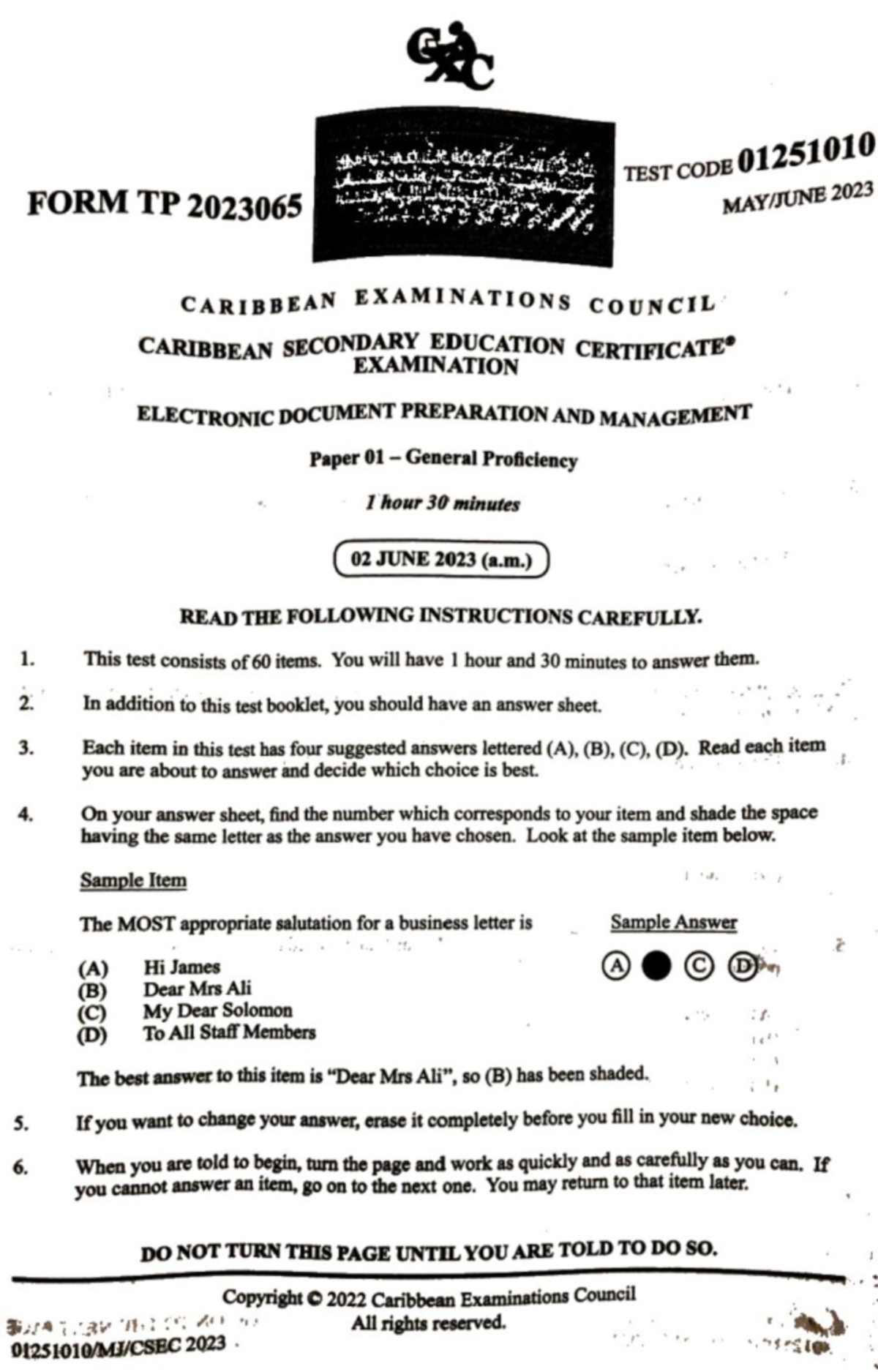 CSEC EDPM 01251010 June 2023 Paper 1 Exam Guide - Studocu