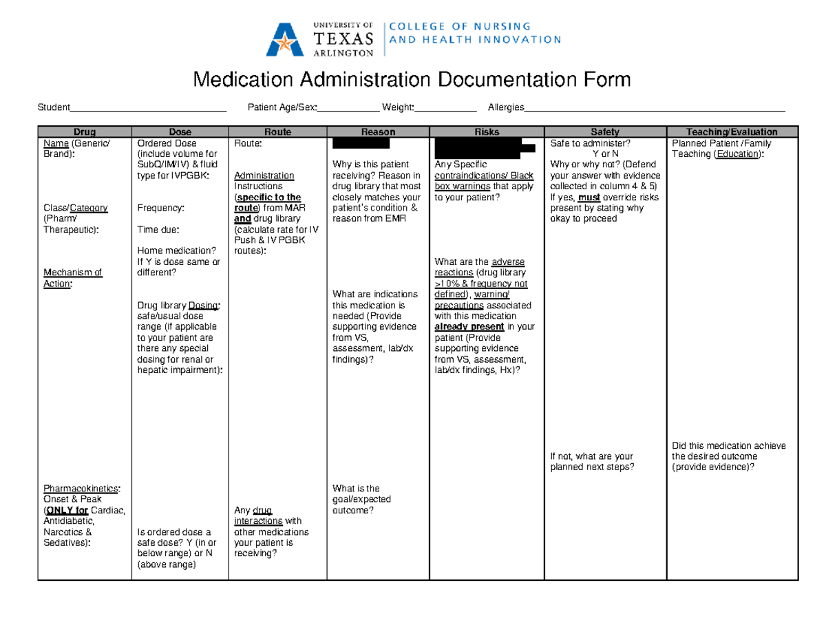 Medication Administration Documentation Form (MED 101) - Studocu