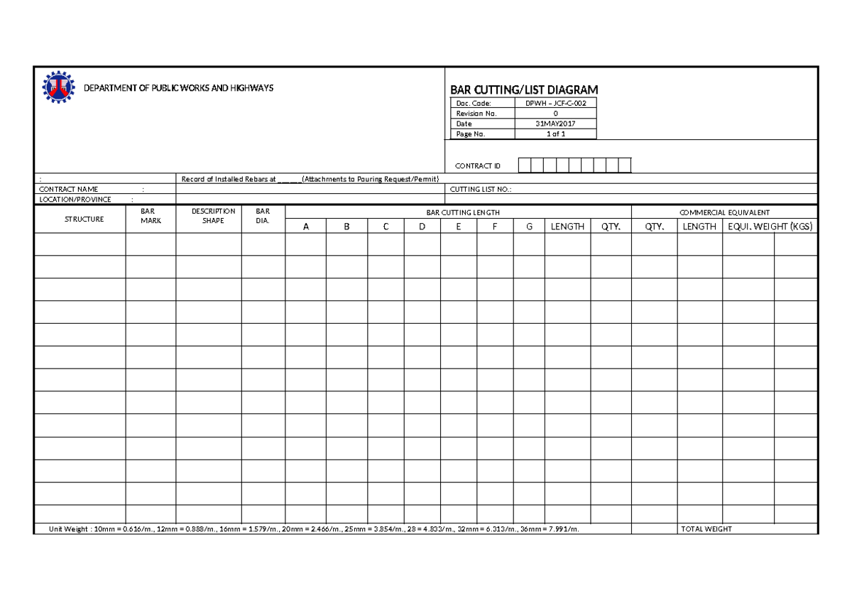 JCF-C002 - Bar Cutting List Diagram - DEPARTMENT OF PUBLIC WORKS AND ...