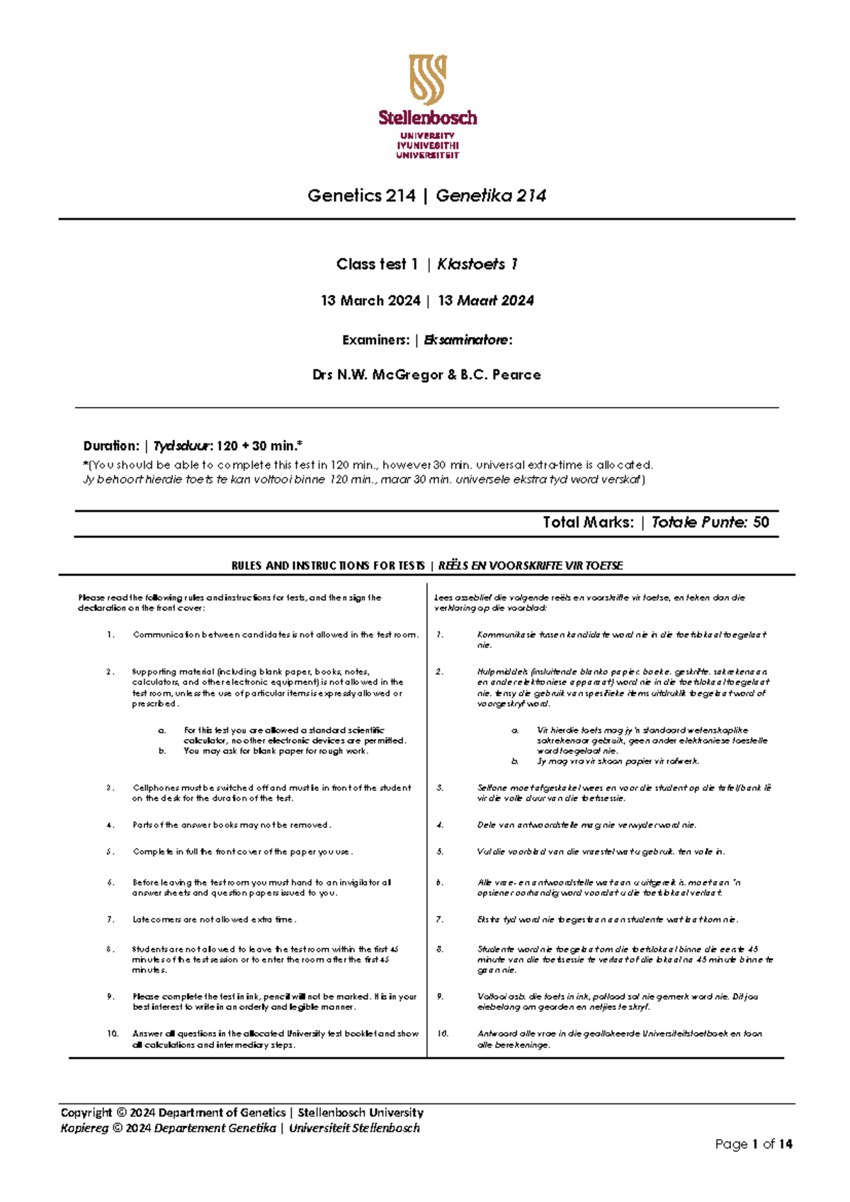 Genetics 214: Class Test 1 with Memo | Genetika 214: Klastoets 1 met ...