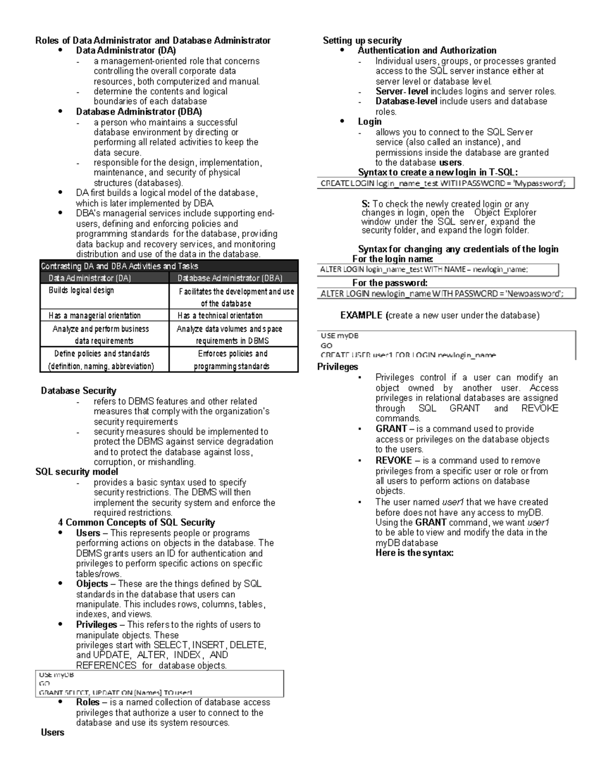 05db - Roles and Responsibilities of DA and DBA in Databases - Studocu