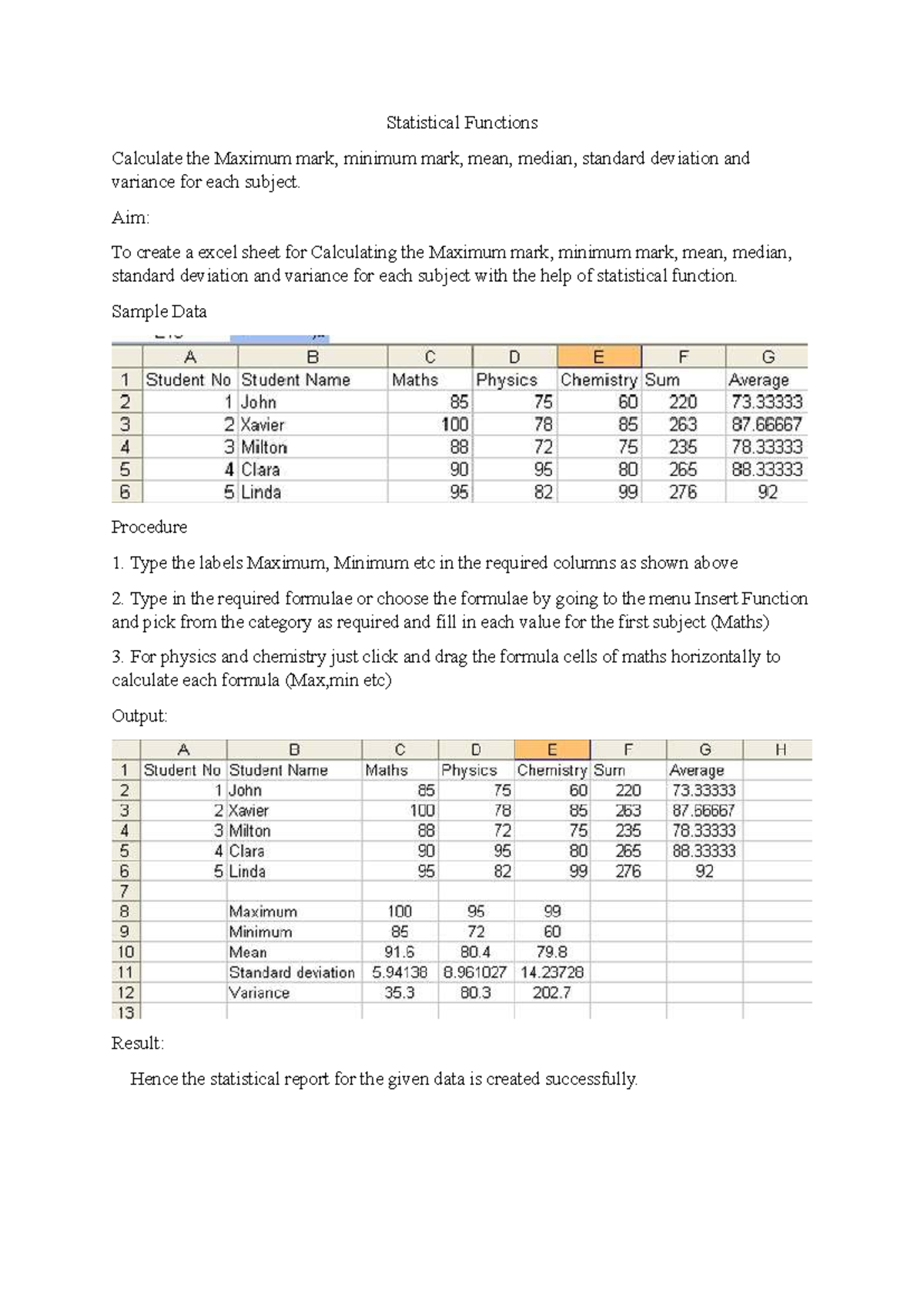 Ex7 - Excel Manual: Statistical Functions for Marks Calculation - Studocu