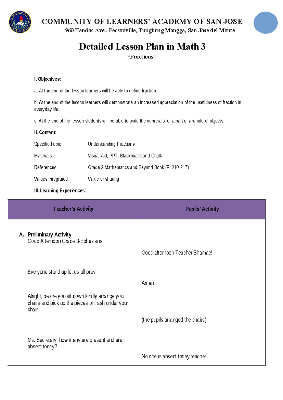 Math 3 Detailed Lesson Plan: Understanding Fractions 111326 - Studocu
