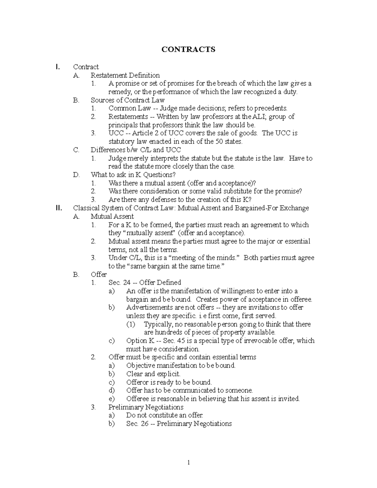 Contracts Law Outline - Course 3: Key Concepts and Principles - Studocu