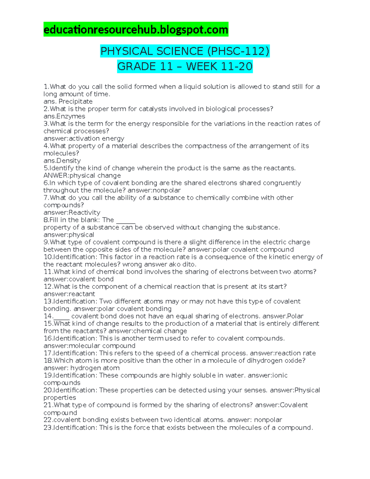 Educationresourcehub.blogspot.com Physical Science (PHSC-112) - Grade ...