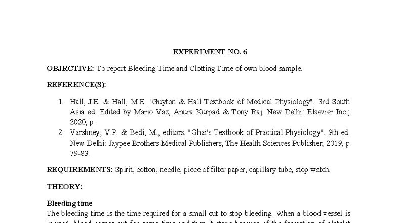 Experiment 6: Bleeding Time & Clotting Time Analysis - Studocu