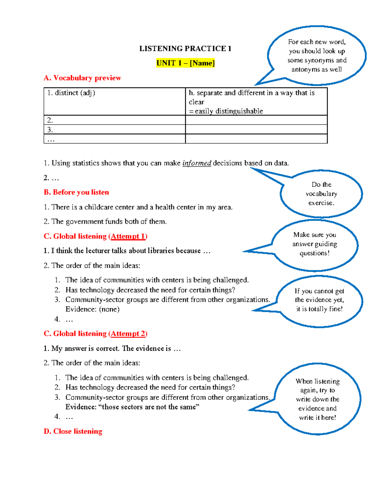 LISTENING PRACTICE 1: UNIT 1 Vocabulary & Global Listening - Studocu