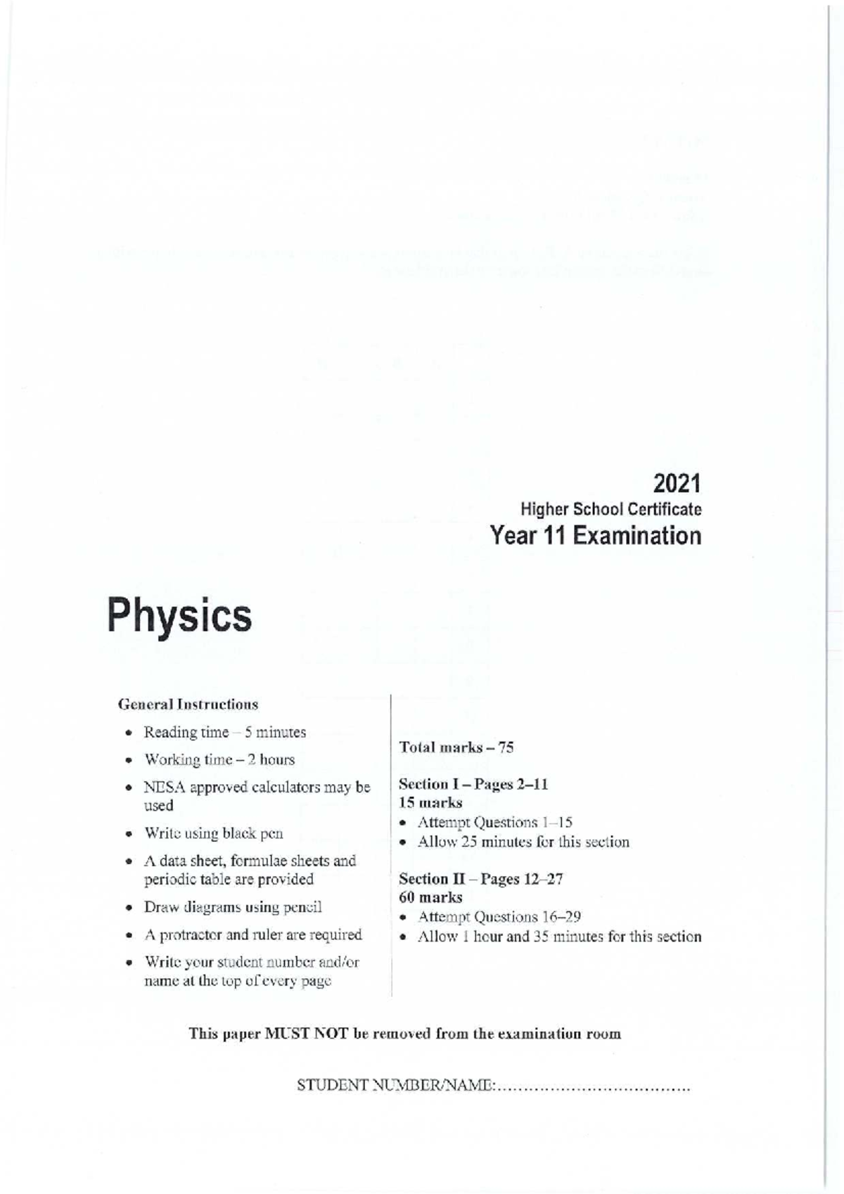2021 HSC Year 11 Physics Exam Instructions & Guidelines - Studocu