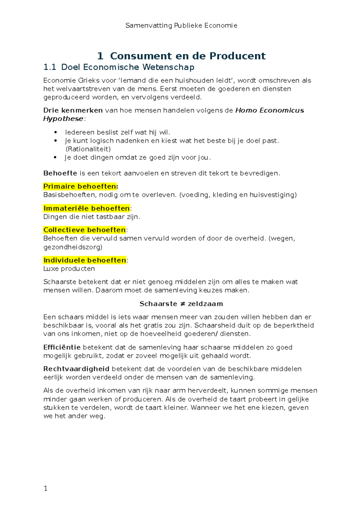 Samenvatting Publieke Economie 1: Consument en Producent Theorieën en ...