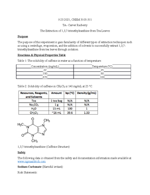 Lab 4- Extraction of 1, 3, 7 – trimethylxanthine from Tea Leaves ...