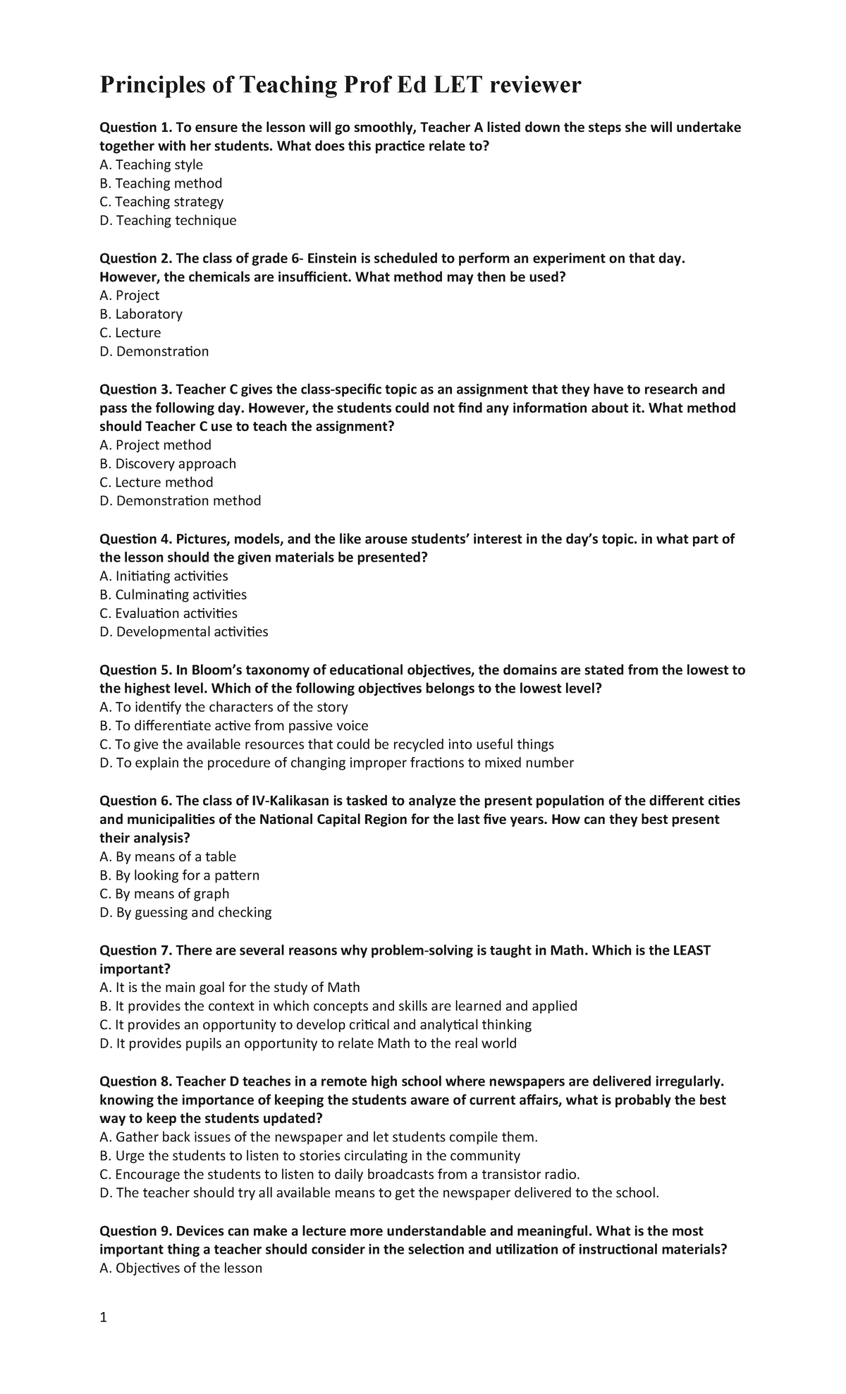 Principles of Teaching Prof Ed LET Reviewer: Key Concepts and Questions ...