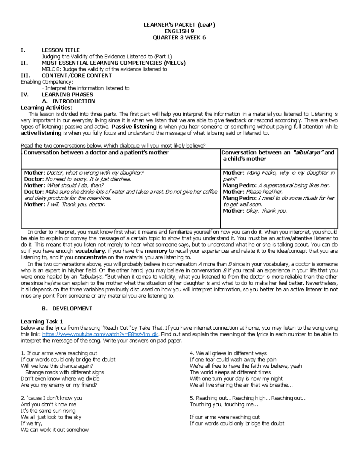 LEAP English 9 Week 6 - LEAP - LEARNER’S PACKET (LeaP) ENGLISH 9 ...