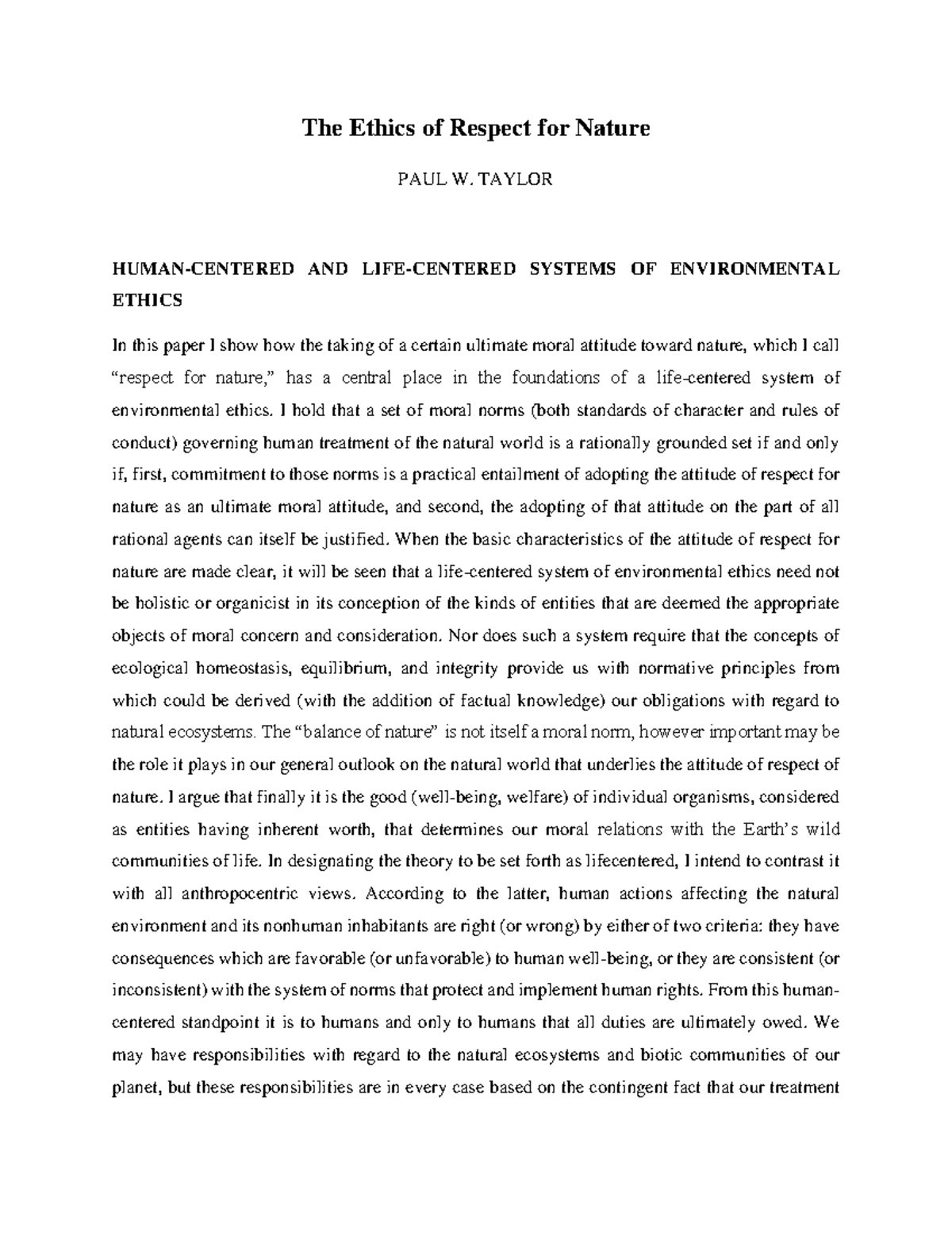 The Ethics of Respect for Nature: A Life-Centered View on Environment ...