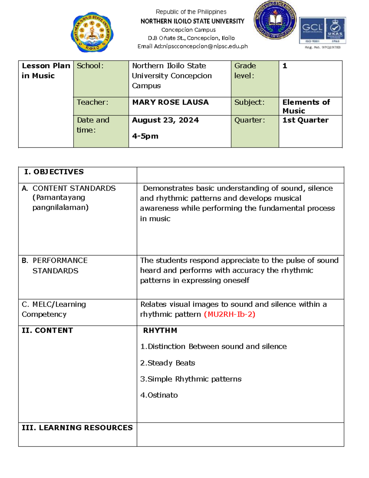 NISU Concepcion Campus Grade 1 Music Lesson Plan: Rhythm Basics - Studocu