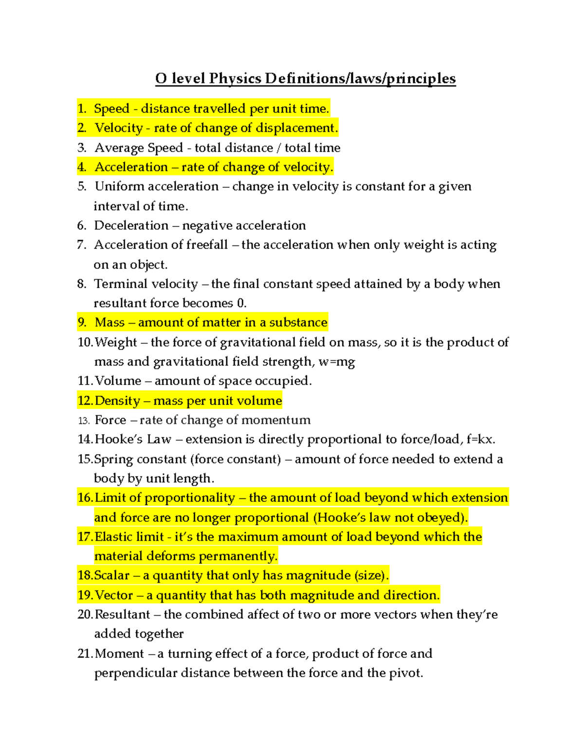 O Level Physics Definitions: Key Concepts and Terms - Studocu