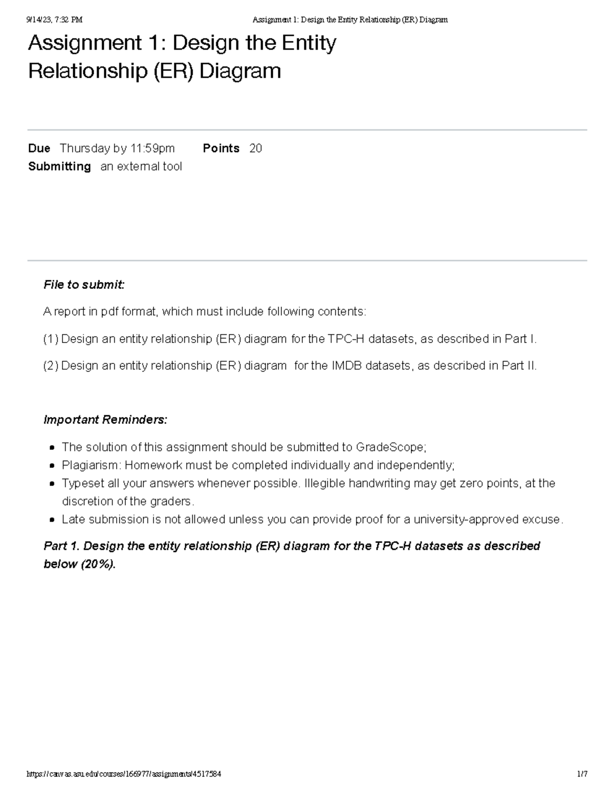 CSE412 Assignment 1: ER Diagram Design for TPC-H & IMDB Datasets - Studocu