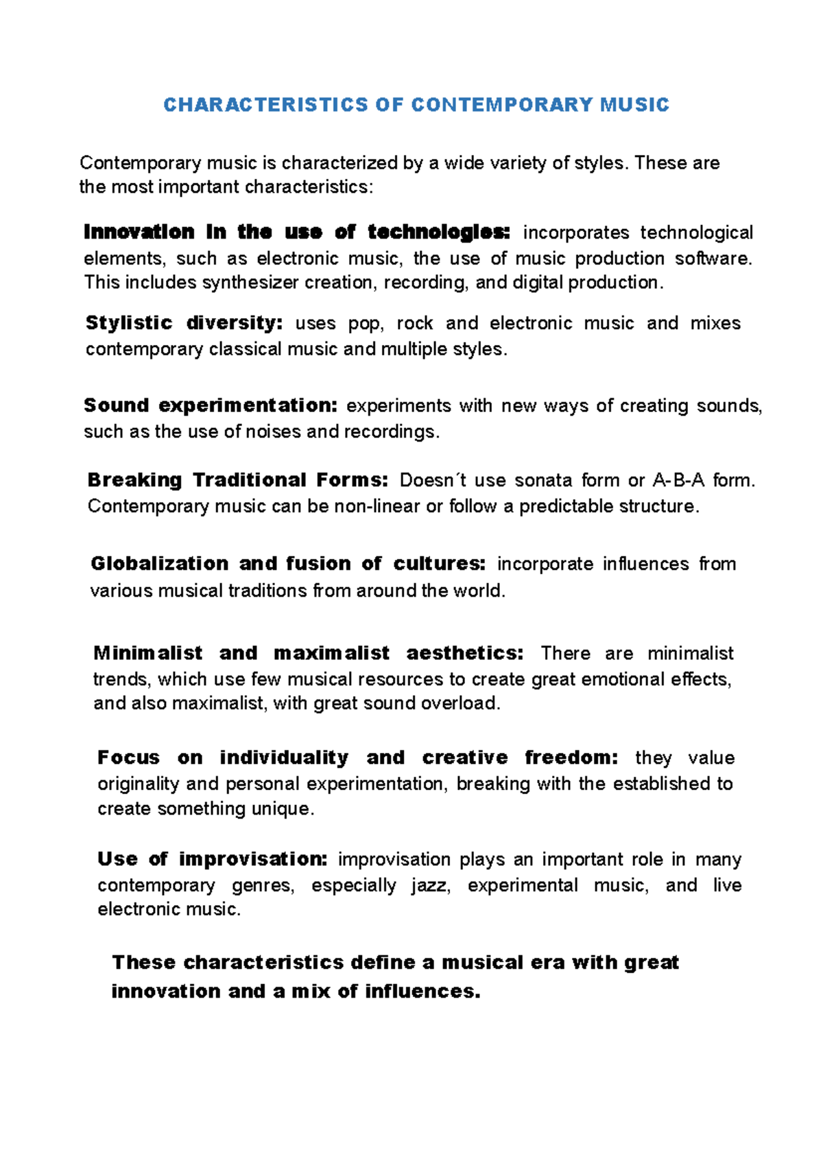 MUSC 101: Characteristics of Contemporary Music - Summary in English ...