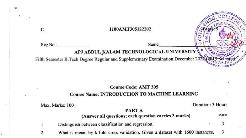 AMT 305 Final Exam: Introduction to Machine Learning - Dec 2022 - Studocu