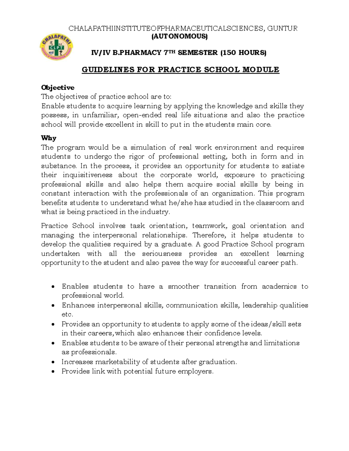 B.PHARM 7TH SEMESTER Practice School Modules Overview (150 HRS) - Studocu