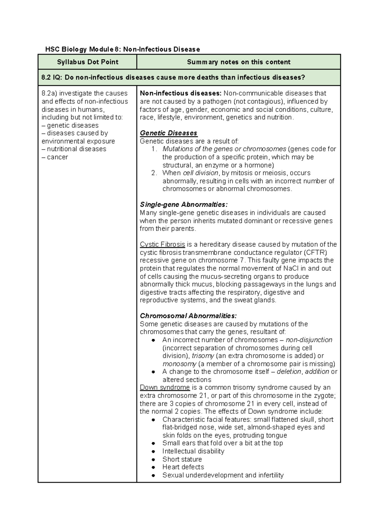 Biology Module 8 Notes - HSC Biology Module 8: Non-Infectious Disease ...