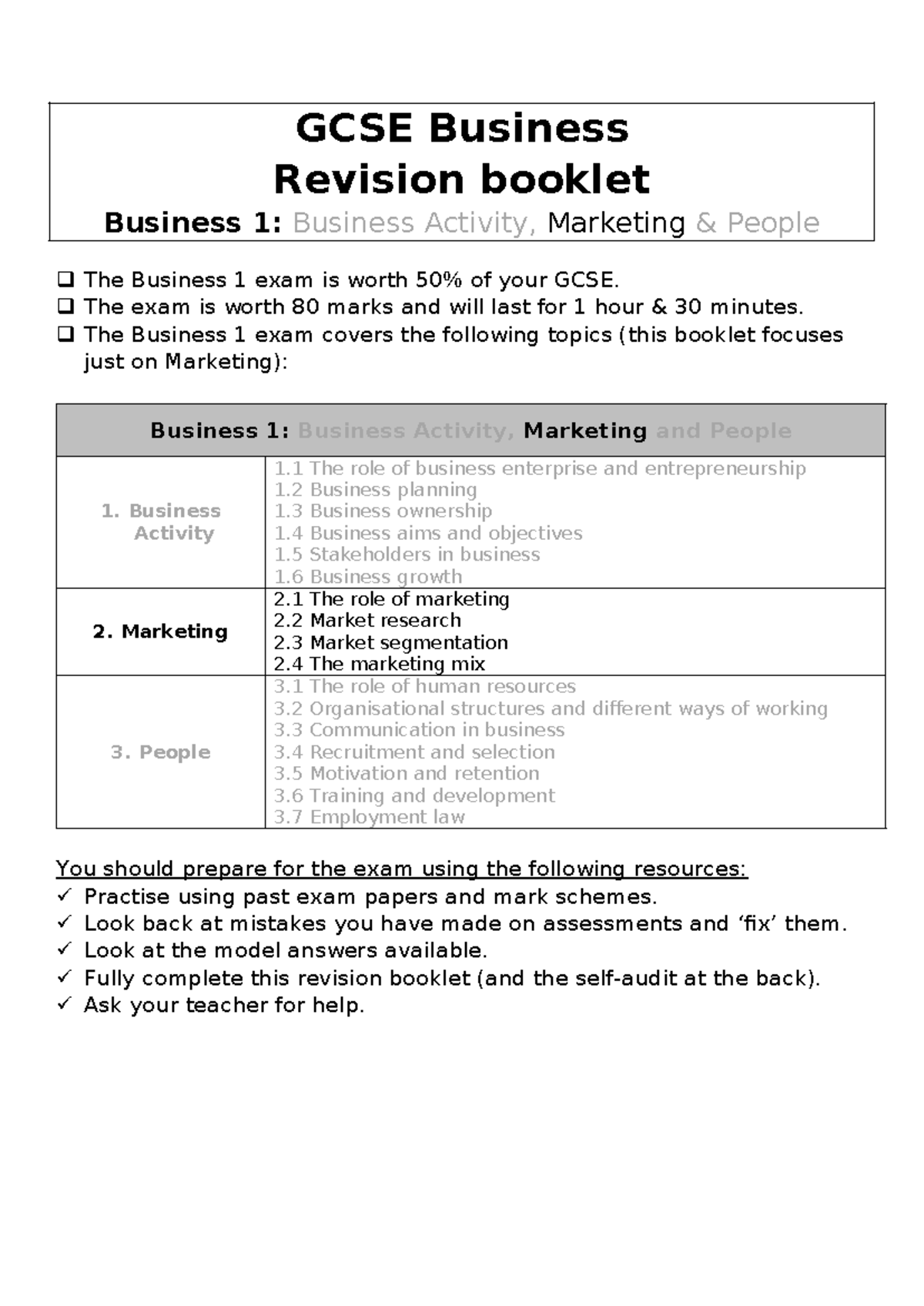 GCSE Business Revision Booklet: Business 1 - Marketing Focus - Studocu