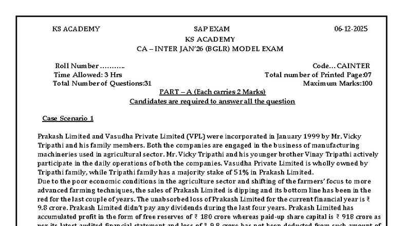 CA Inter JAN 26 (BGLR) Model EXAM (06-12-2025) Question Paper - Studocu