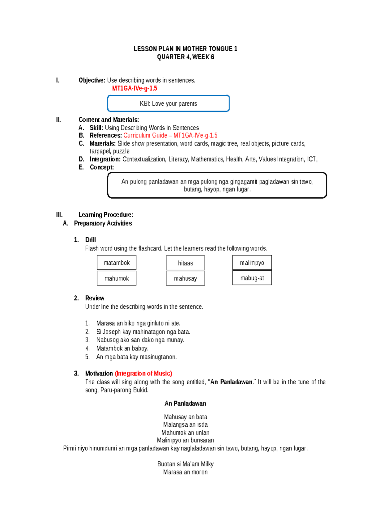 MT1GA-IVe-g-1 Lesson Plan: Using Describing Words in Sentences - Studocu