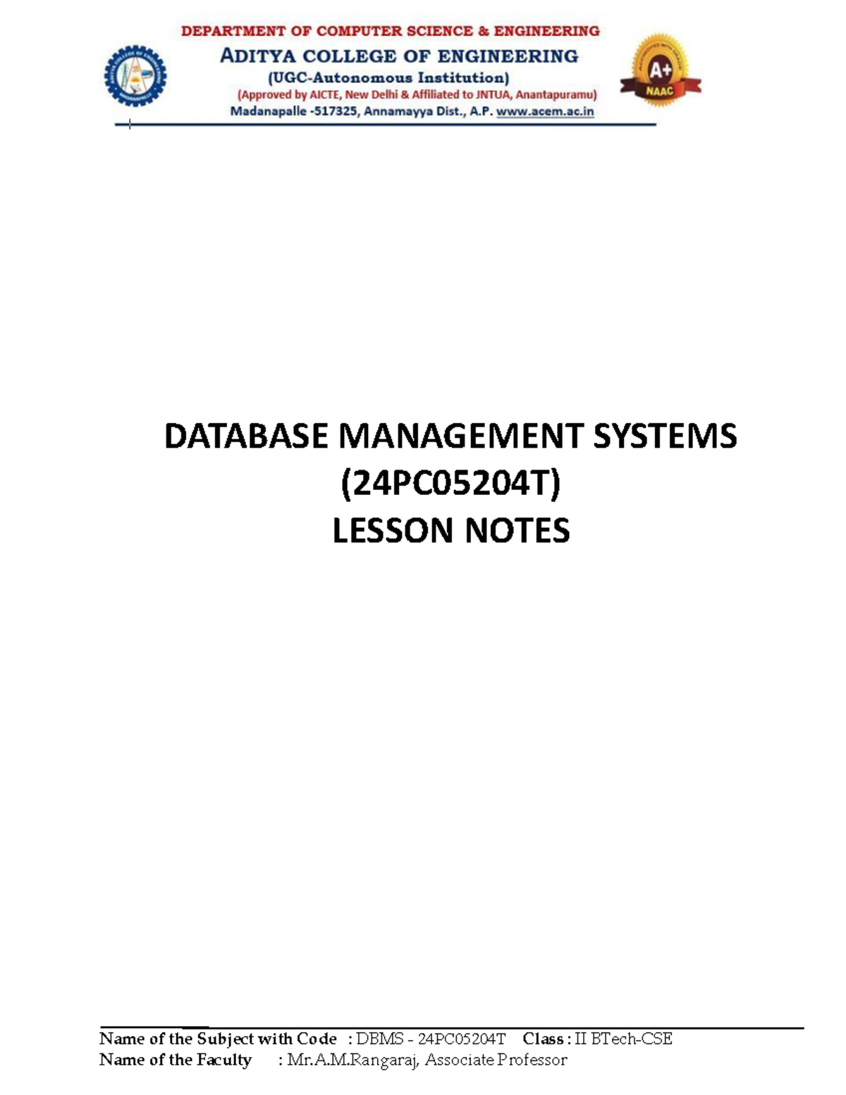 DBMS 24PC05204T UNIT II Lesson Notes on Relational Model and SQL - Studocu