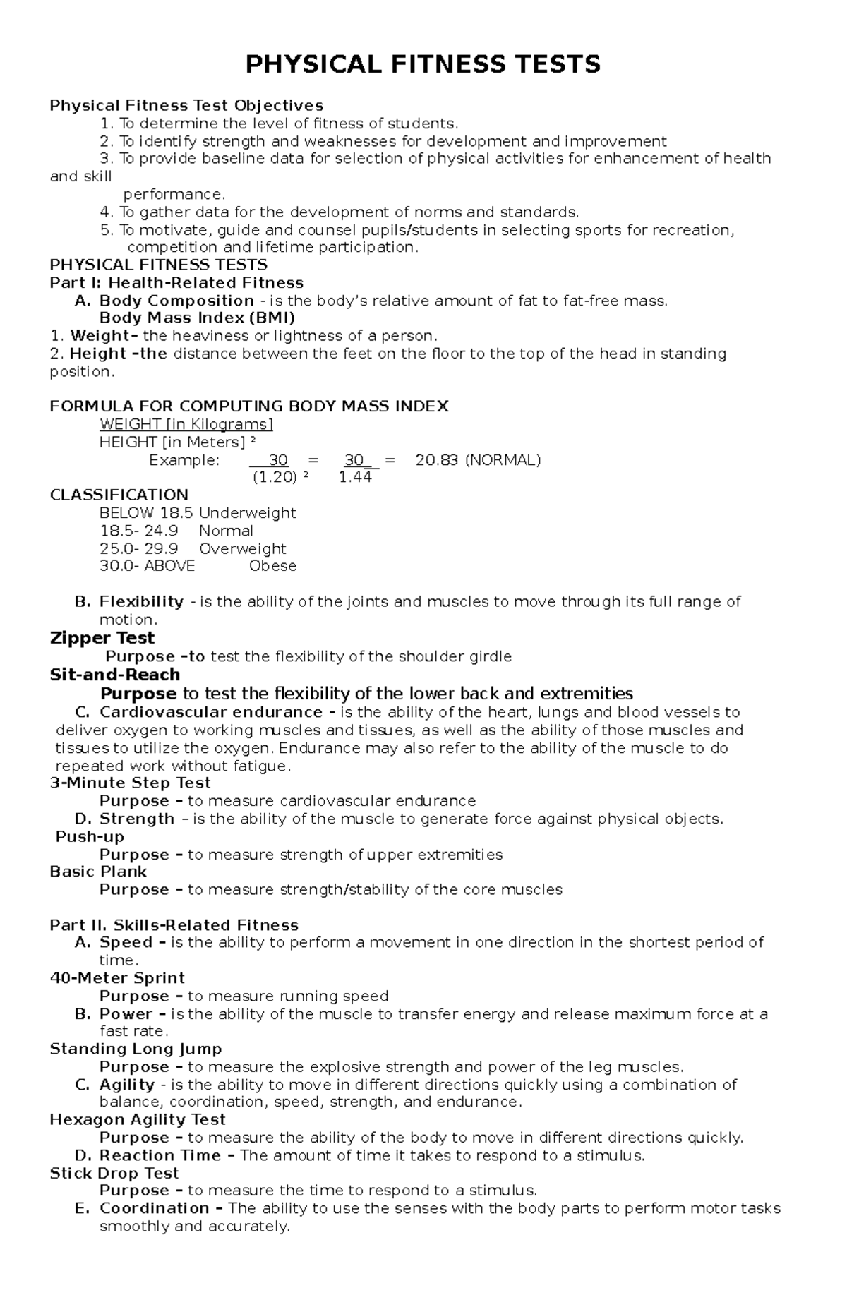 2019 20 PE 1st - PE - PHYSICAL FITNESS TESTS Physical Fitness Test ...