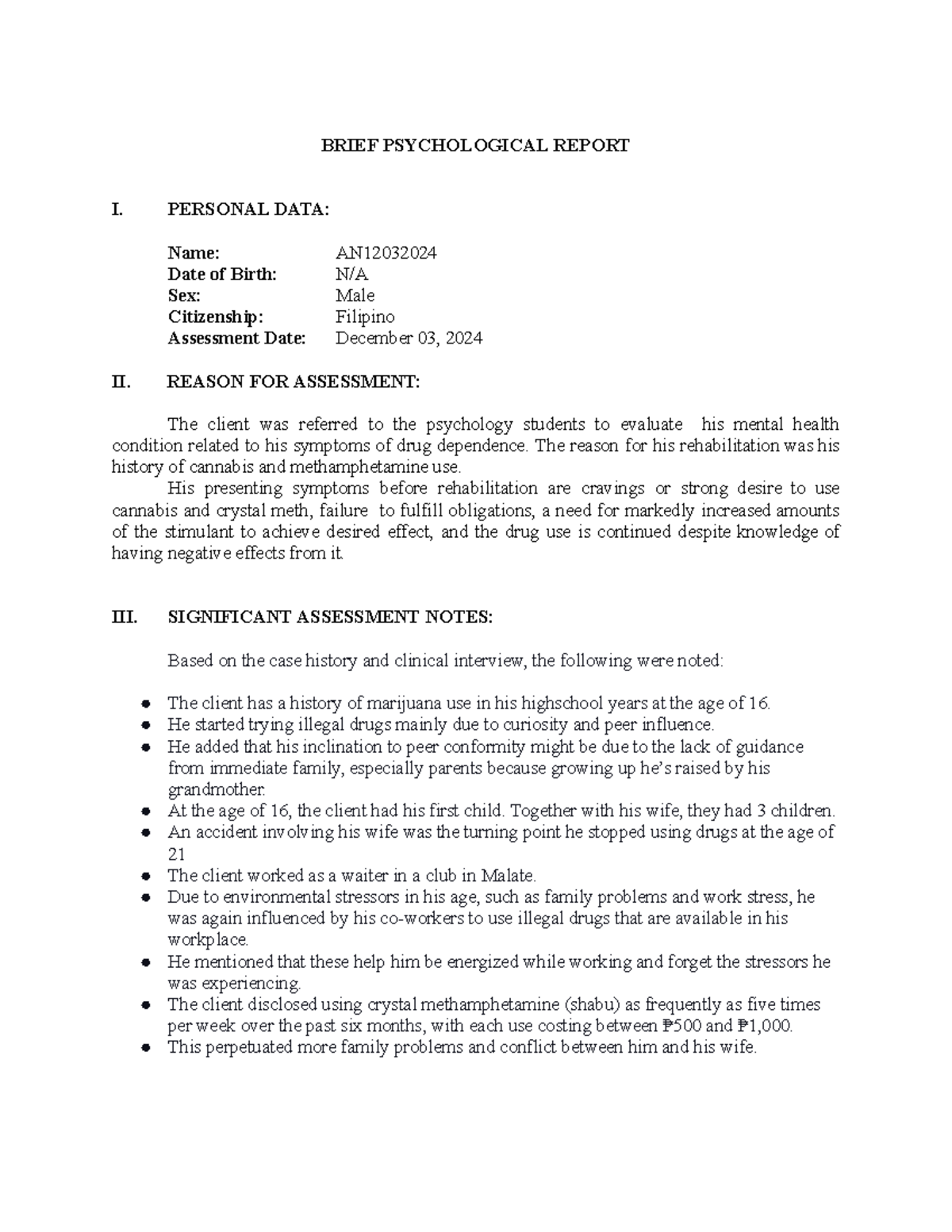 Psychological Assessment Report: Drug Dependence Case Study - Studocu
