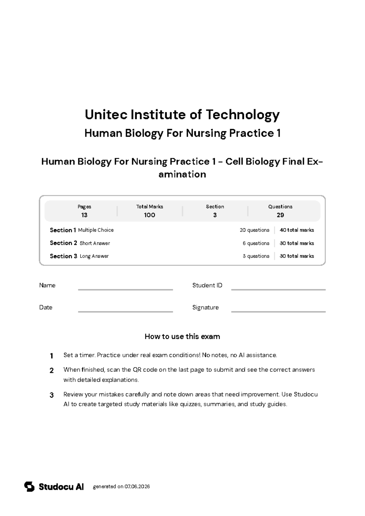 Human Biology For Nursing Practice 1 - Cell Biology Final Exam - Studocu