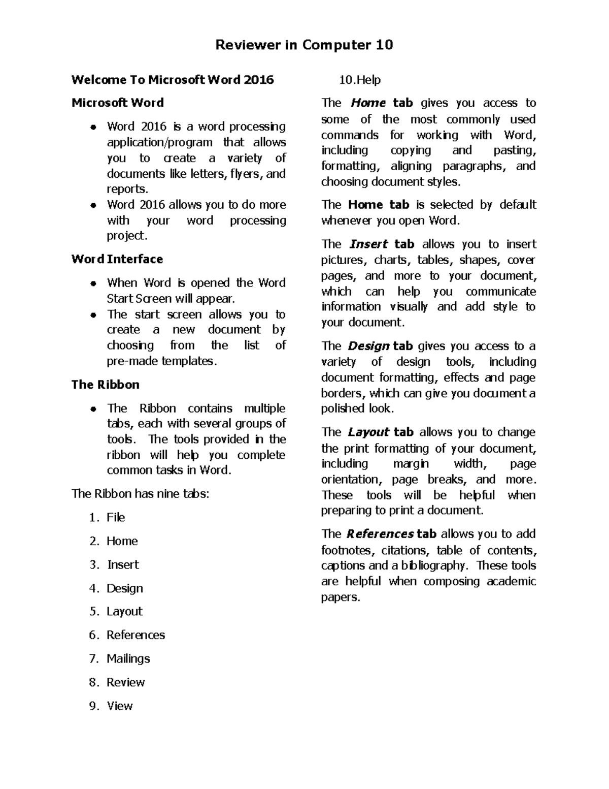 Computer 10: Reviewer for 2nd Prelim Exam on Microsoft Word 2016 - Studocu