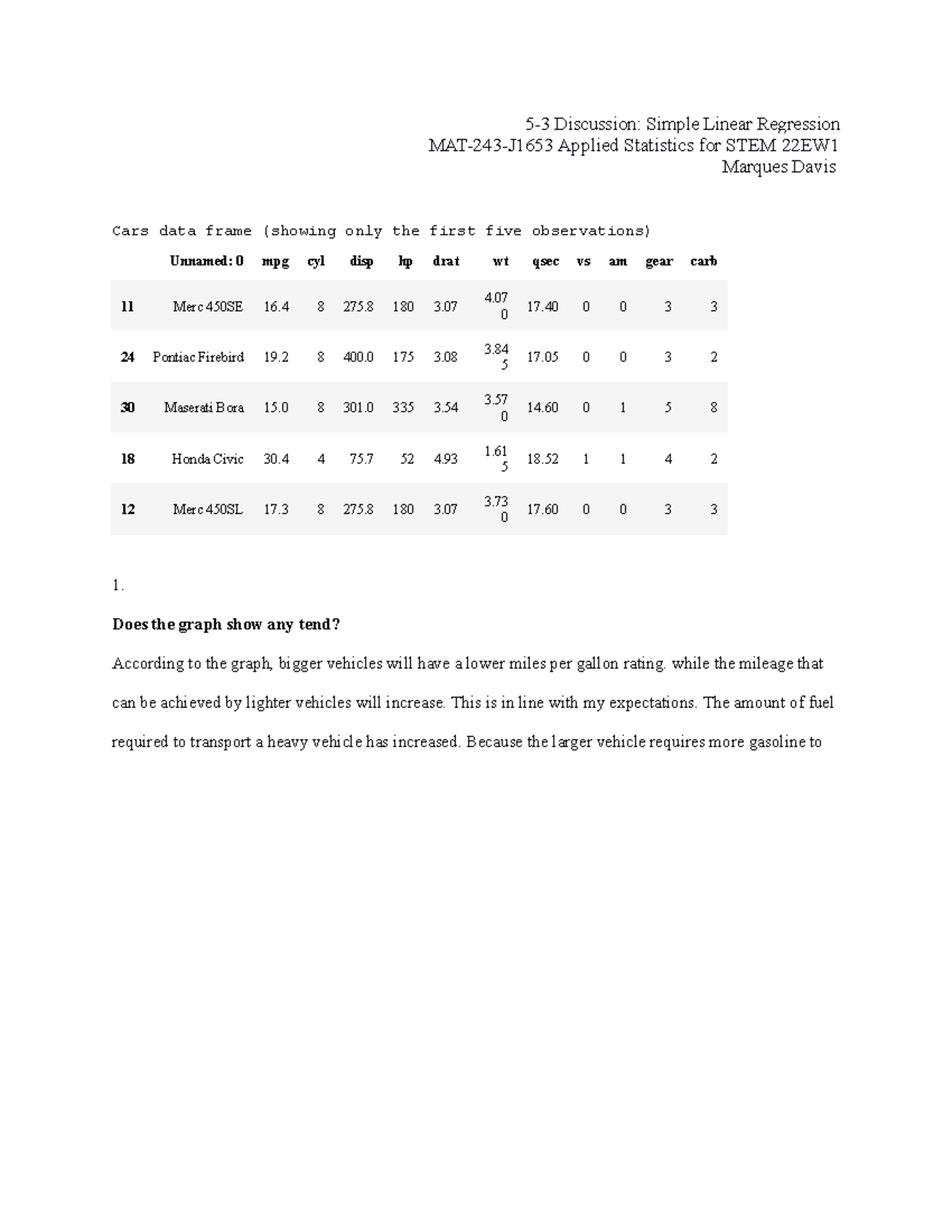 5-3 Discussion Simple Linear Regression - 5-3 Discussion: Simple Linear Regression MAT-243-J1653 ...