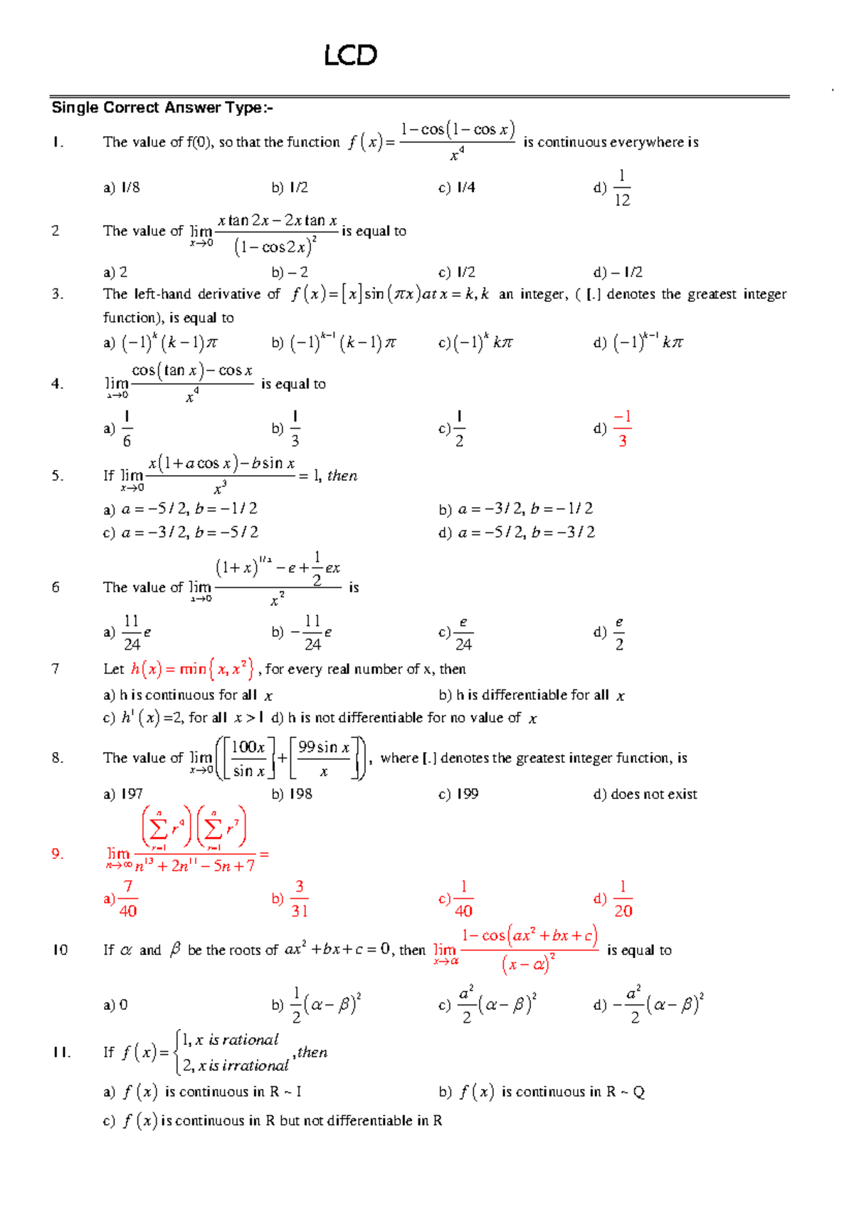 Maths LCD WEEK 2 DAY 3 - JEE Single Correct Answer Solutions - Studocu