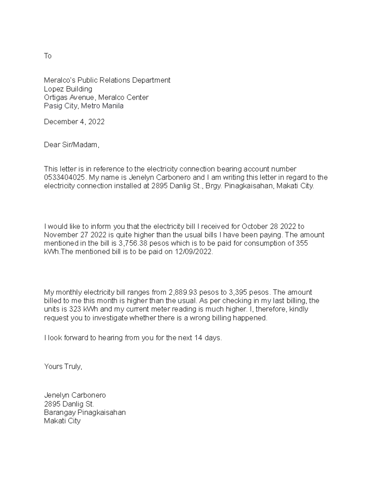 Meralco Account Inquiry Letter Example: Billing Discrepancy Notice ...
