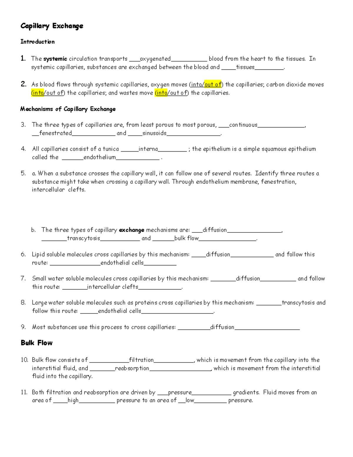 Capillary Exchange Overview: Worksheet for CH 21 SP19 Exam Prep - Studocu