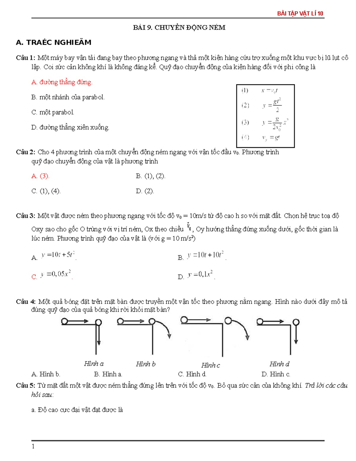 BÀI TẬP VẬT LÍ 10 - BÀI 9: CHUYỂN ĐỘNG NÉM - Studocu