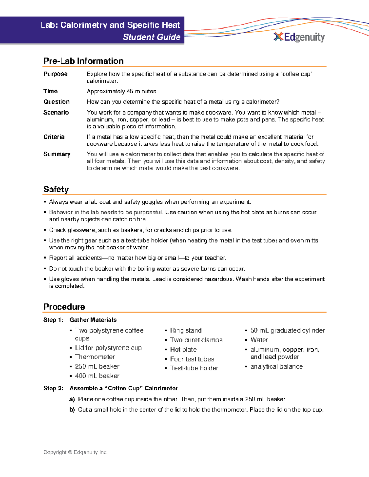 Student Guide: Lab 1 - Calorimetry & Specific Heat Analysis (Session B ...