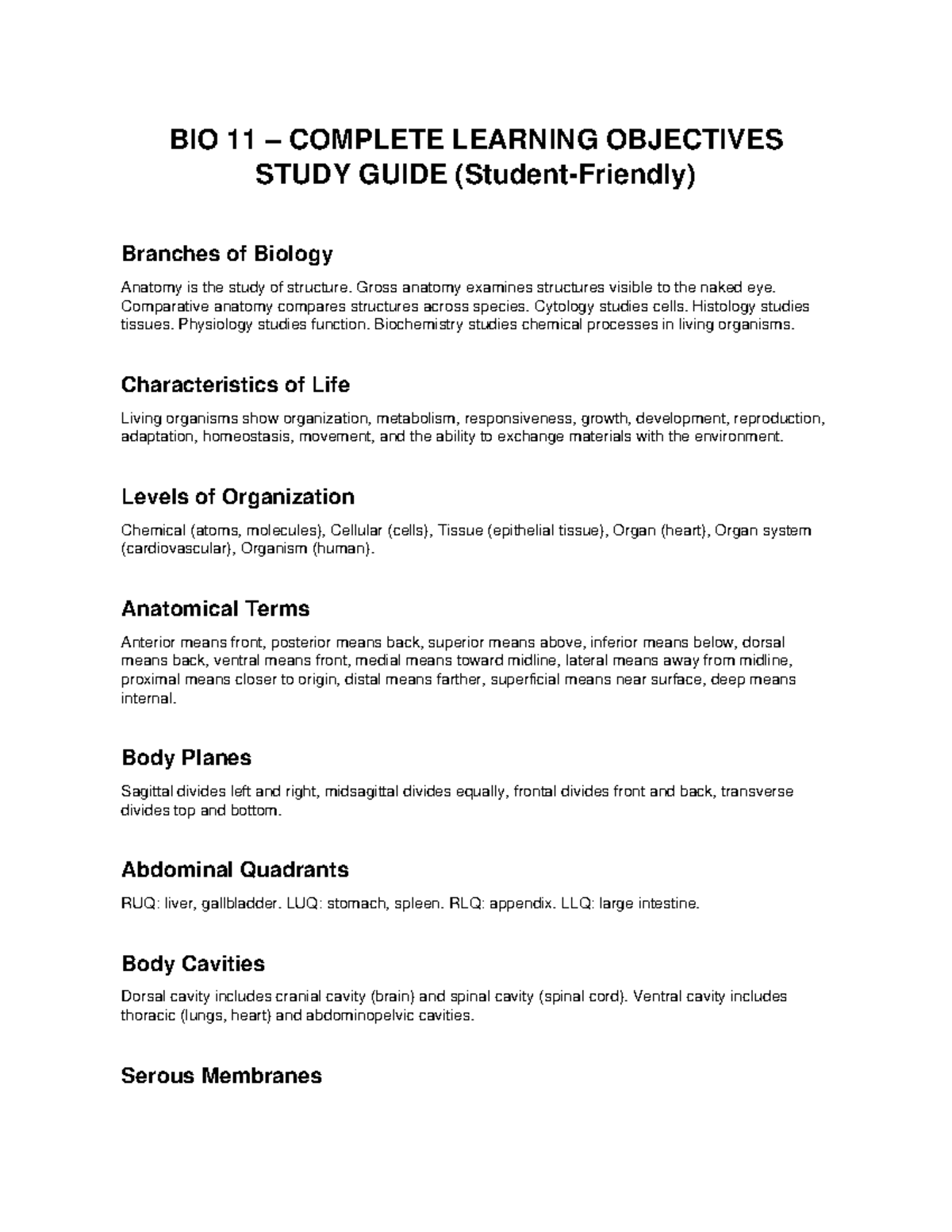 BIO 11 Full Learning Objectives Study Guide on Biology Concepts - Studocu