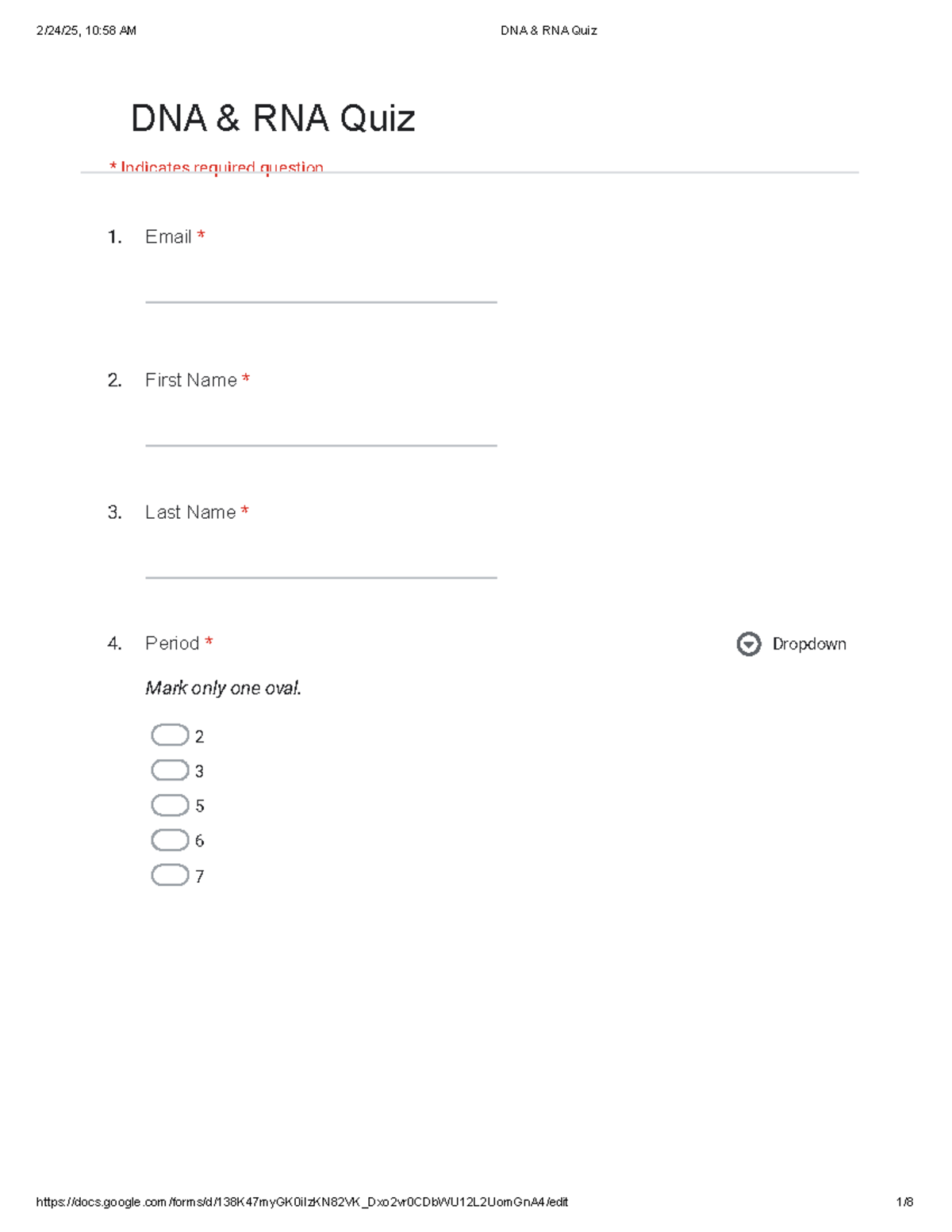 DNA & RNA Quiz (10:58 AM) - Key Concepts and Questions - Studocu